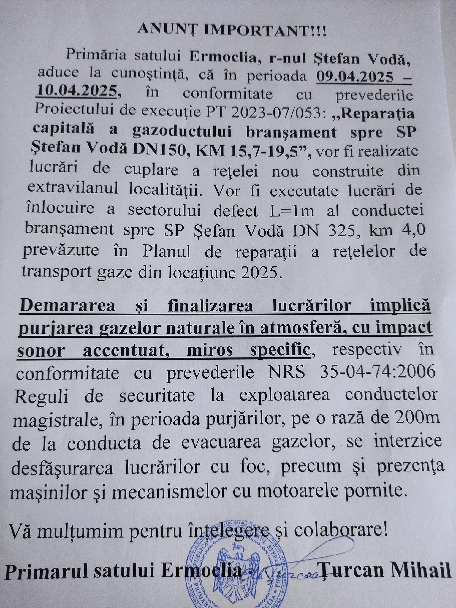 ANUNȚ IMPORTANT | Primăria Ermoclia, r-nul Ștefan Vodă